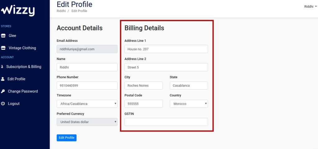 Company's Billing & Tax details - Wizzy User Docs