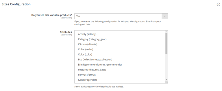 Sizes Configuration - Wizzy User Docs